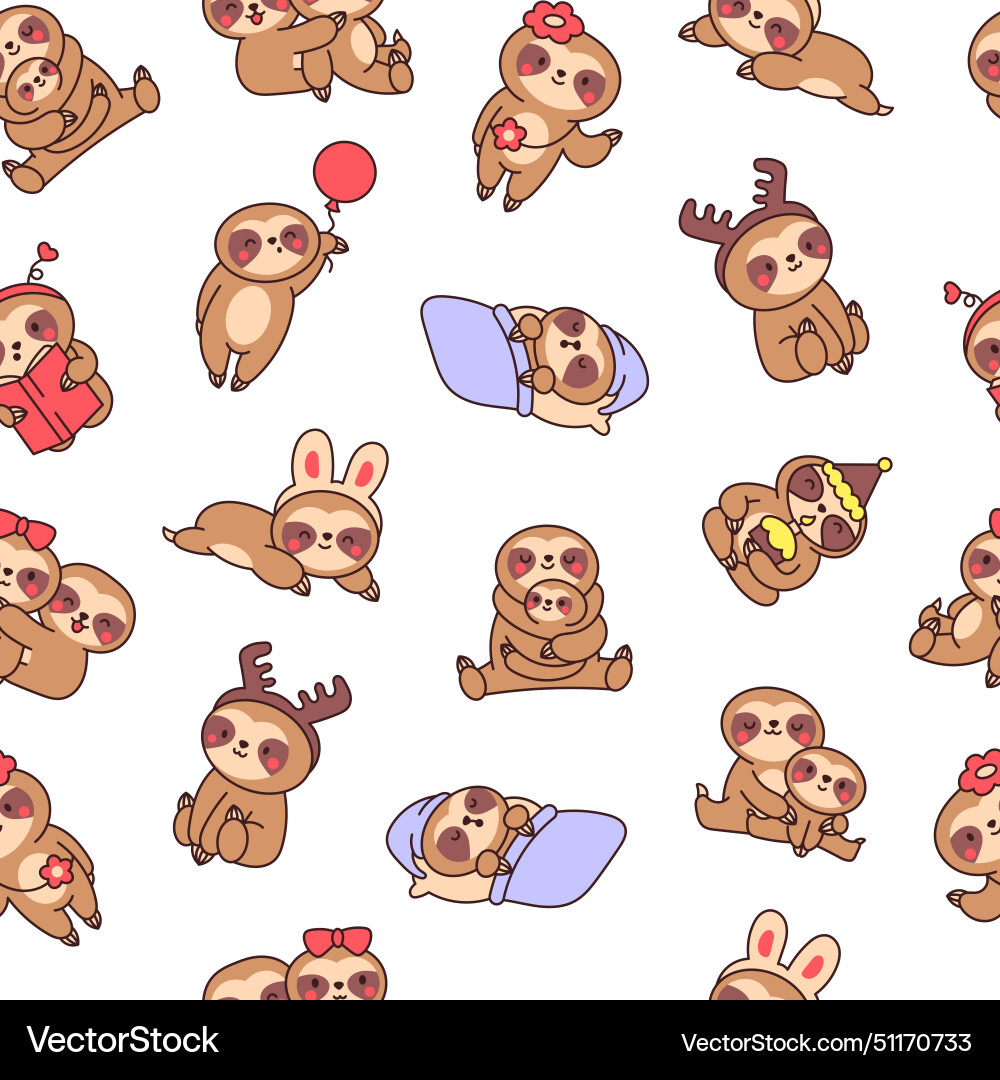 Cute kawaii baby sloth seamless pattern cartoon Vector Image