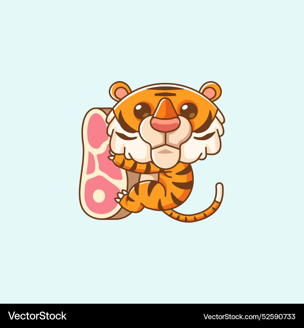 Cute tiger hug meat hanging kawaii chibi Vector Image