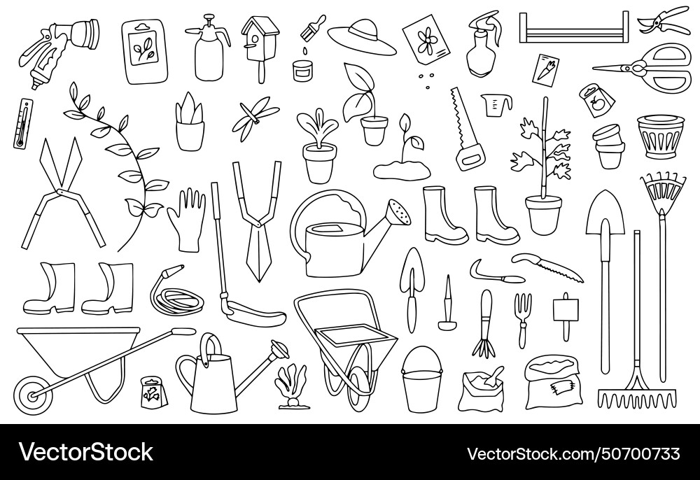 Large set of garden tools in doodle style Vector Image