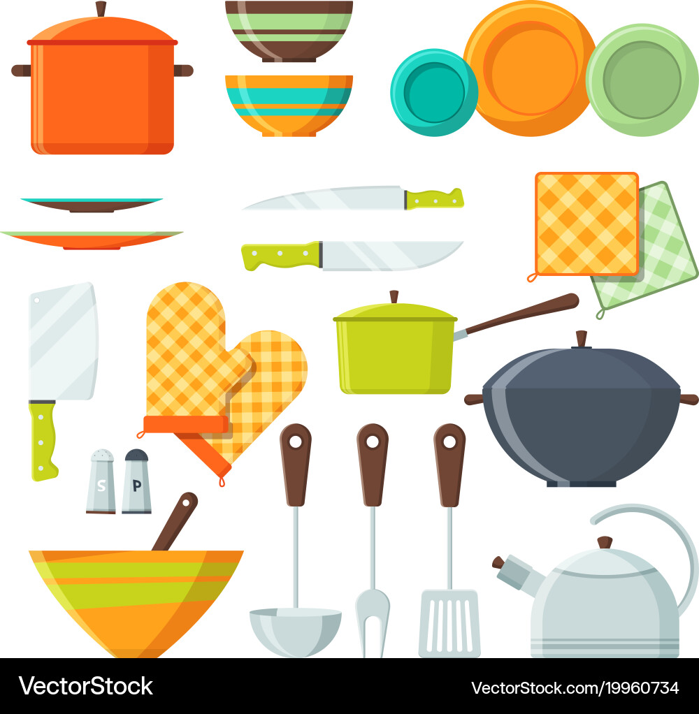 Bowl fork and other kitchen tools in cartoon Vector Image