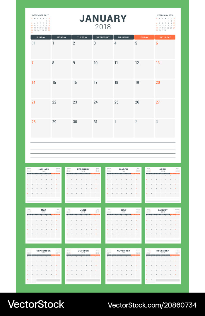 Calendar planner for 2018 year week starts Vector Image