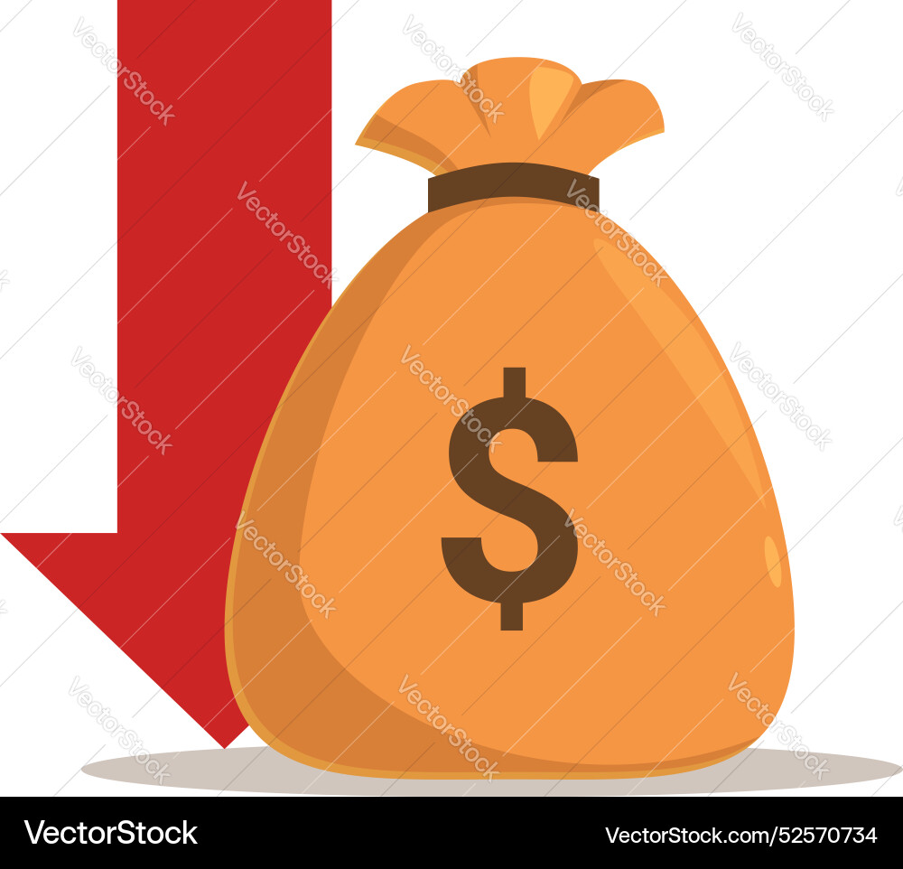 Red arrow pointing down next to money bag Vector Image