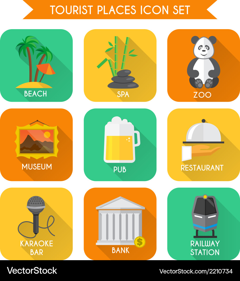 Tourist places icons set Royalty Free Vector Image