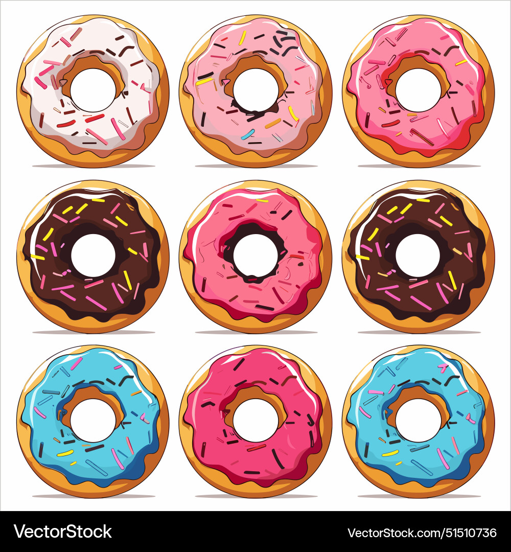 Assortment colorful donuts glaze sprinkles sweet Vector Image