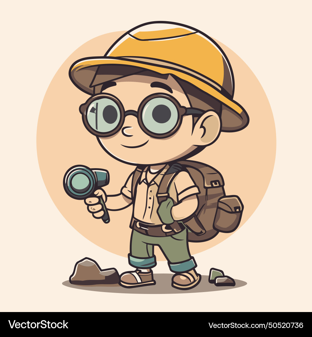 Boy explorer with binoculars and backpack cartoon Vector Image