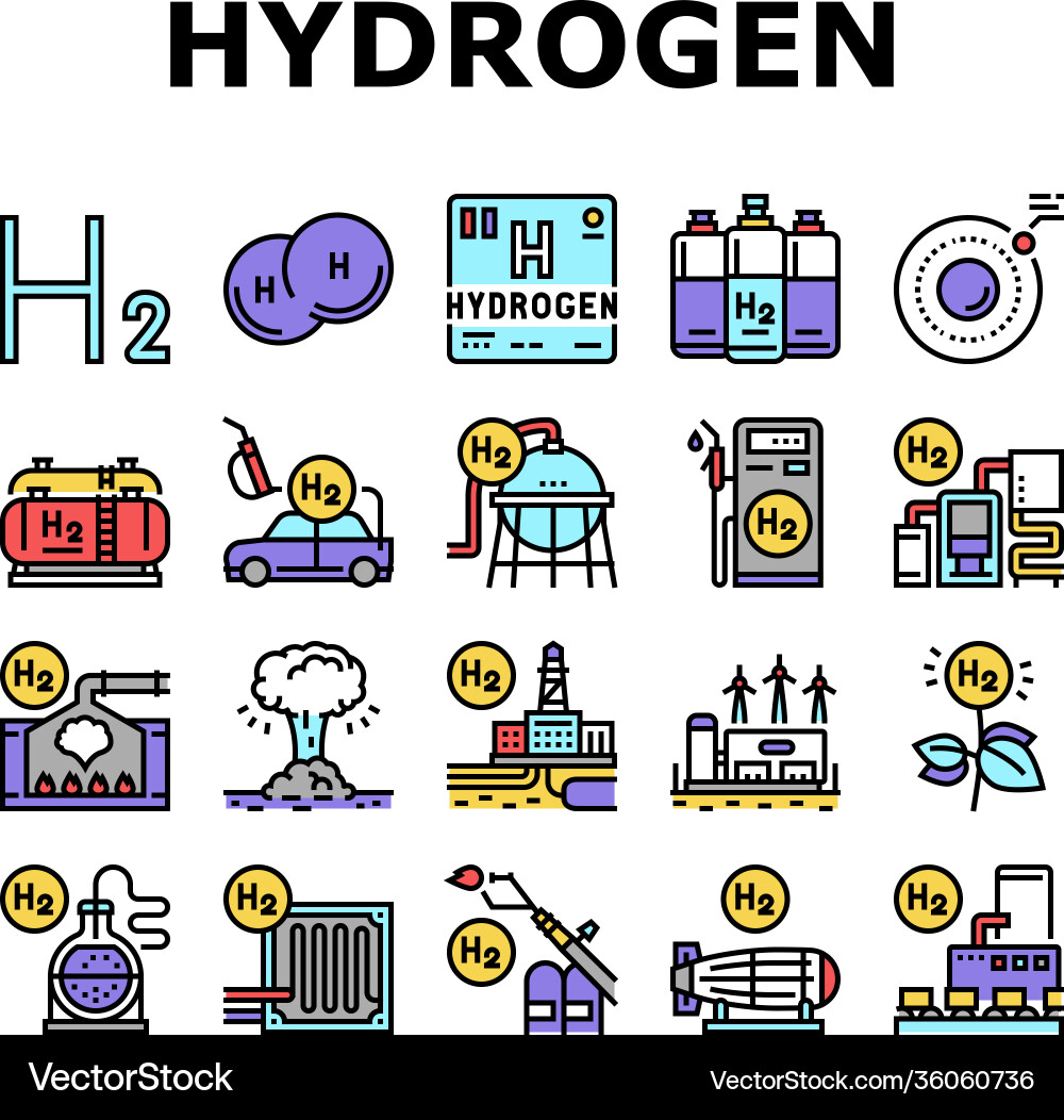 Hydrogen industry collection icons set Royalty Free Vector