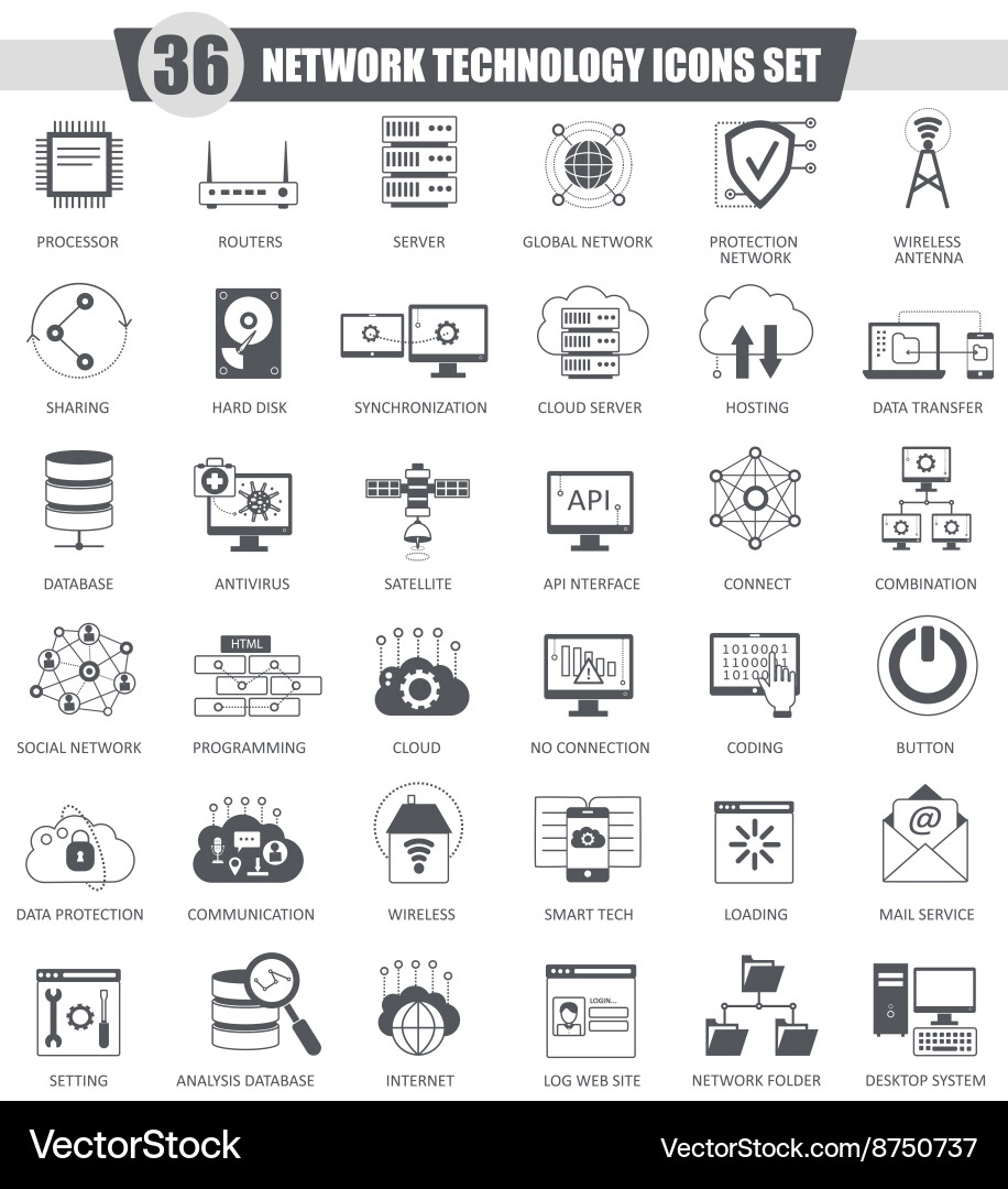 Network Technology Icon Set - Dark Royalty Free Vector Image