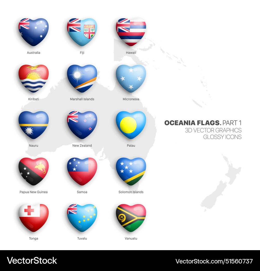 Oceania countries flags 3d heart glossy icons set Vector Image