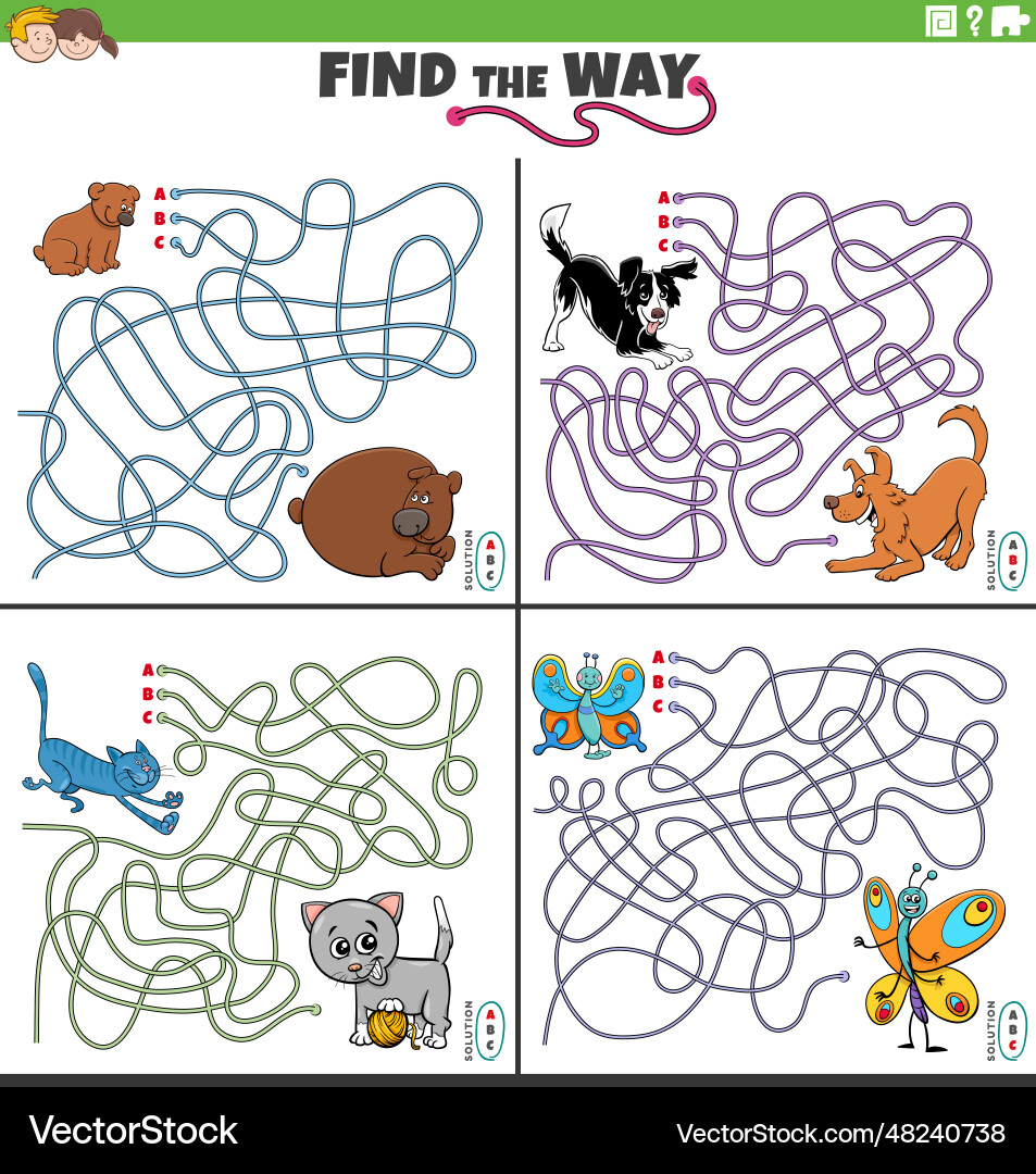 Find the way maze games set with cartoon animal Vector Image