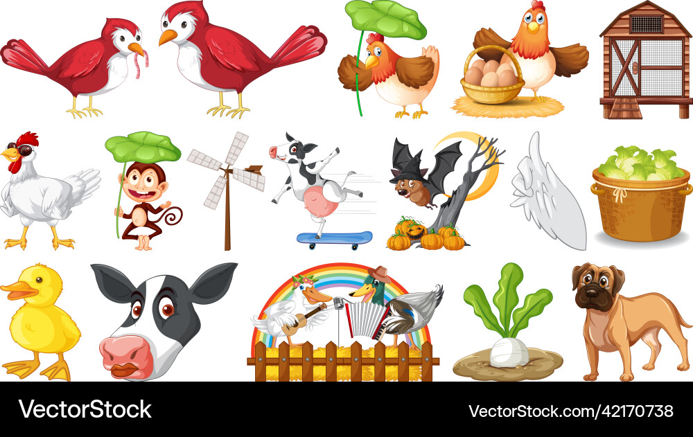 Many farm animals on white background Royalty Free Vector