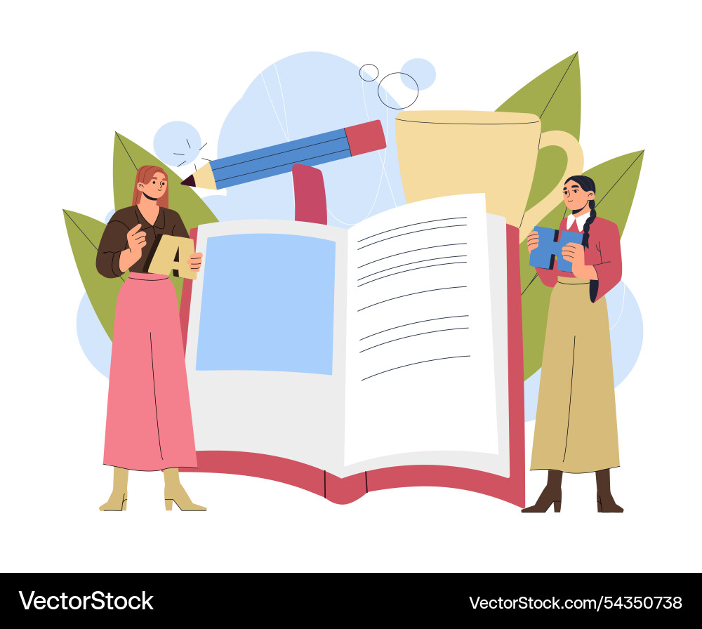 People write book women near huge Royalty Free Vector Image