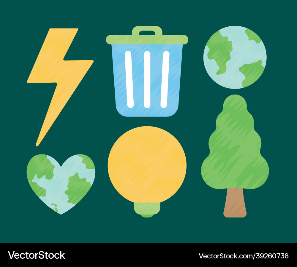 Six sustainable items Royalty Free Vector Image
