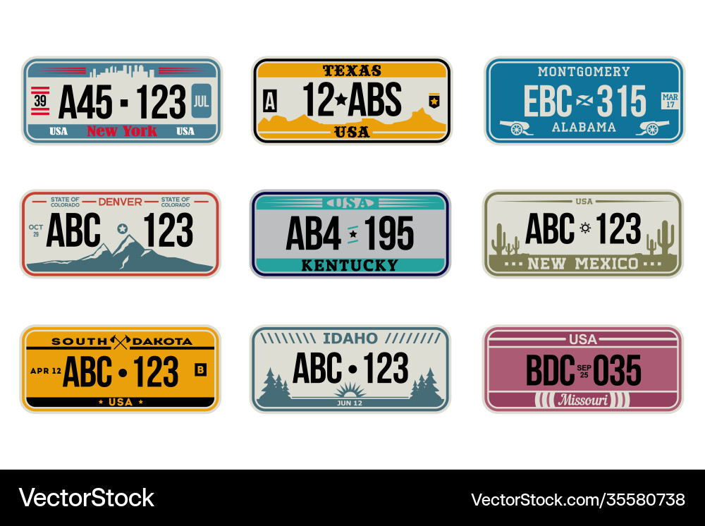 Usa car number plates set Royalty Free Vector Image