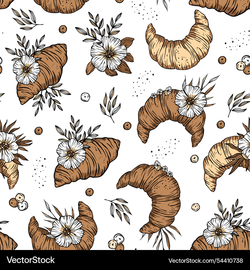 Vintage croissant flower pastry seamless pattern Vector Image