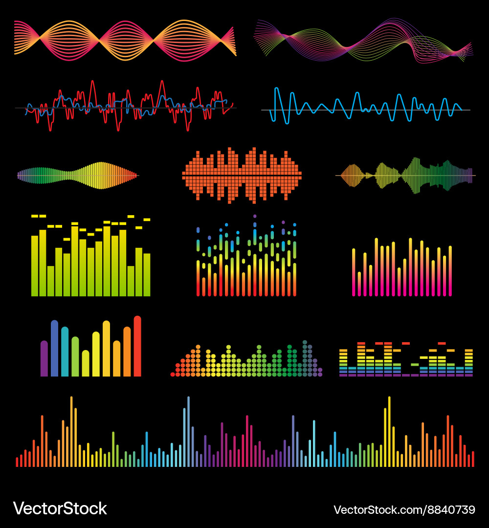 Audio signal and music waves set Royalty Free Vector Image