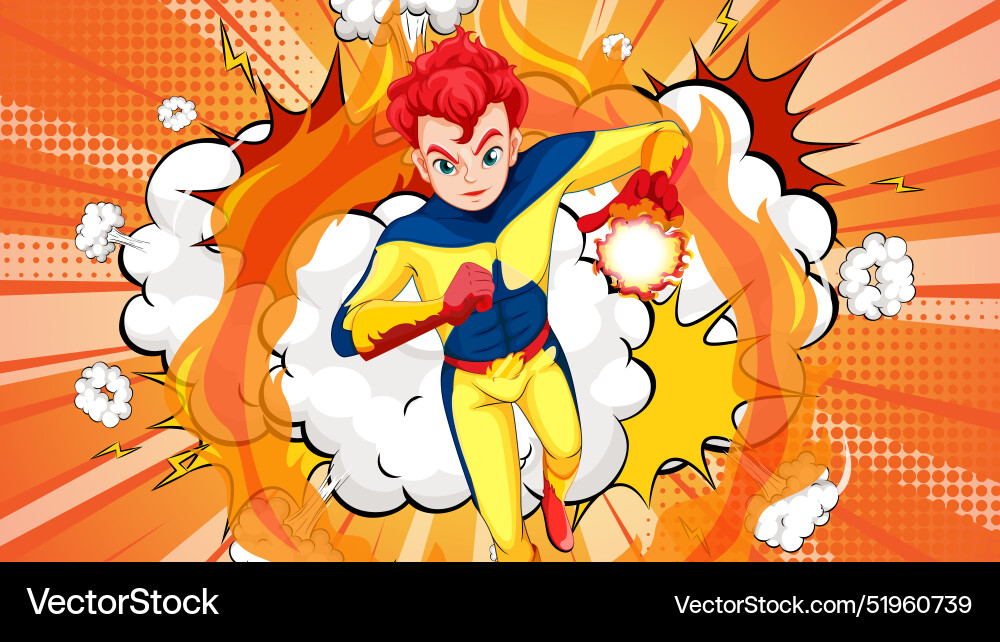 Dynamic superhero flying through explosive Vector Image