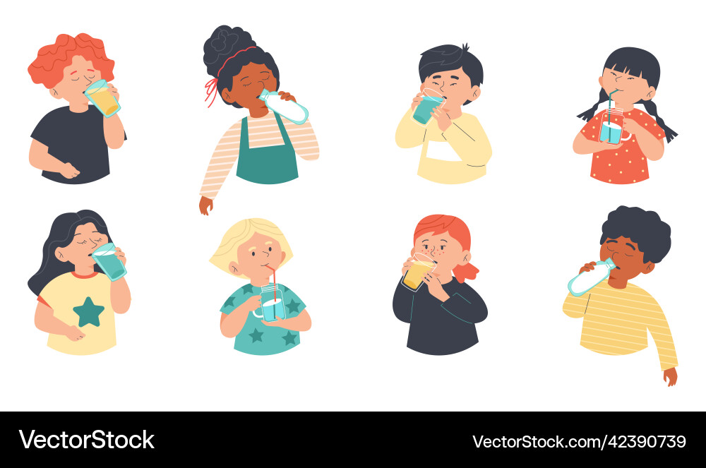 Funny kids drinking - half-portraits set flat Vector Image