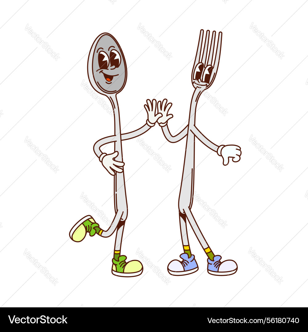 Cartoon groovy kitchen spoon and fork characters Vector Image