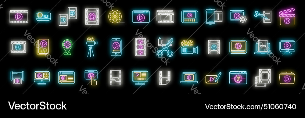 Clip montage icons set neon Royalty Free Vector Image