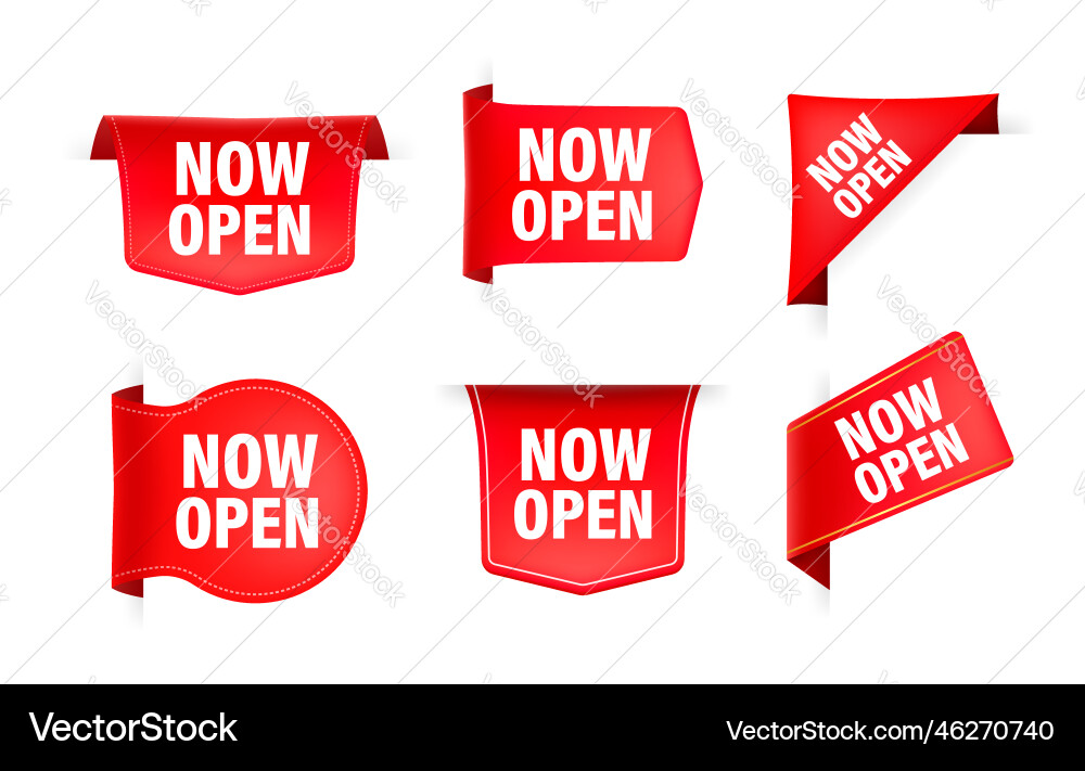 Red ribbon with text now open banner label Vector Image