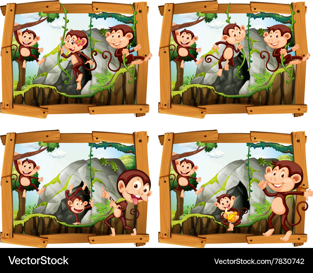Four frames of monkeys by the cave Royalty Free Vector Image
