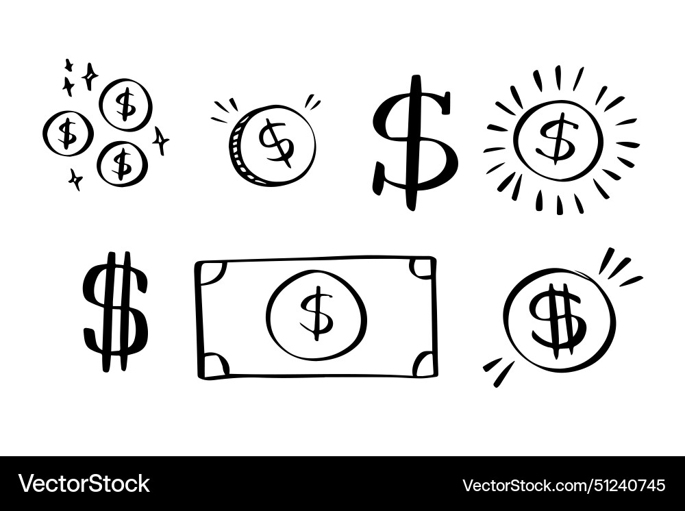 Dollar doodle sign symbol set hand drawn Vector Image