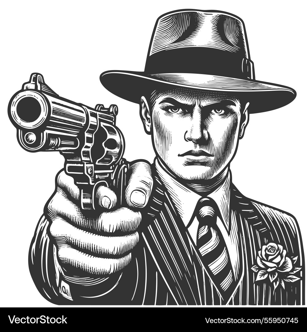 Gangster aiming gun engraving Royalty Free Vector Image