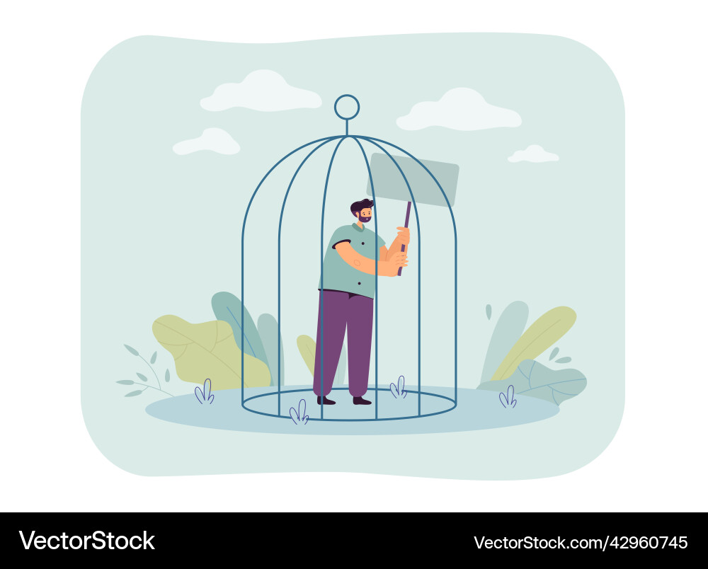 Man standing in cage and holding with blank banner