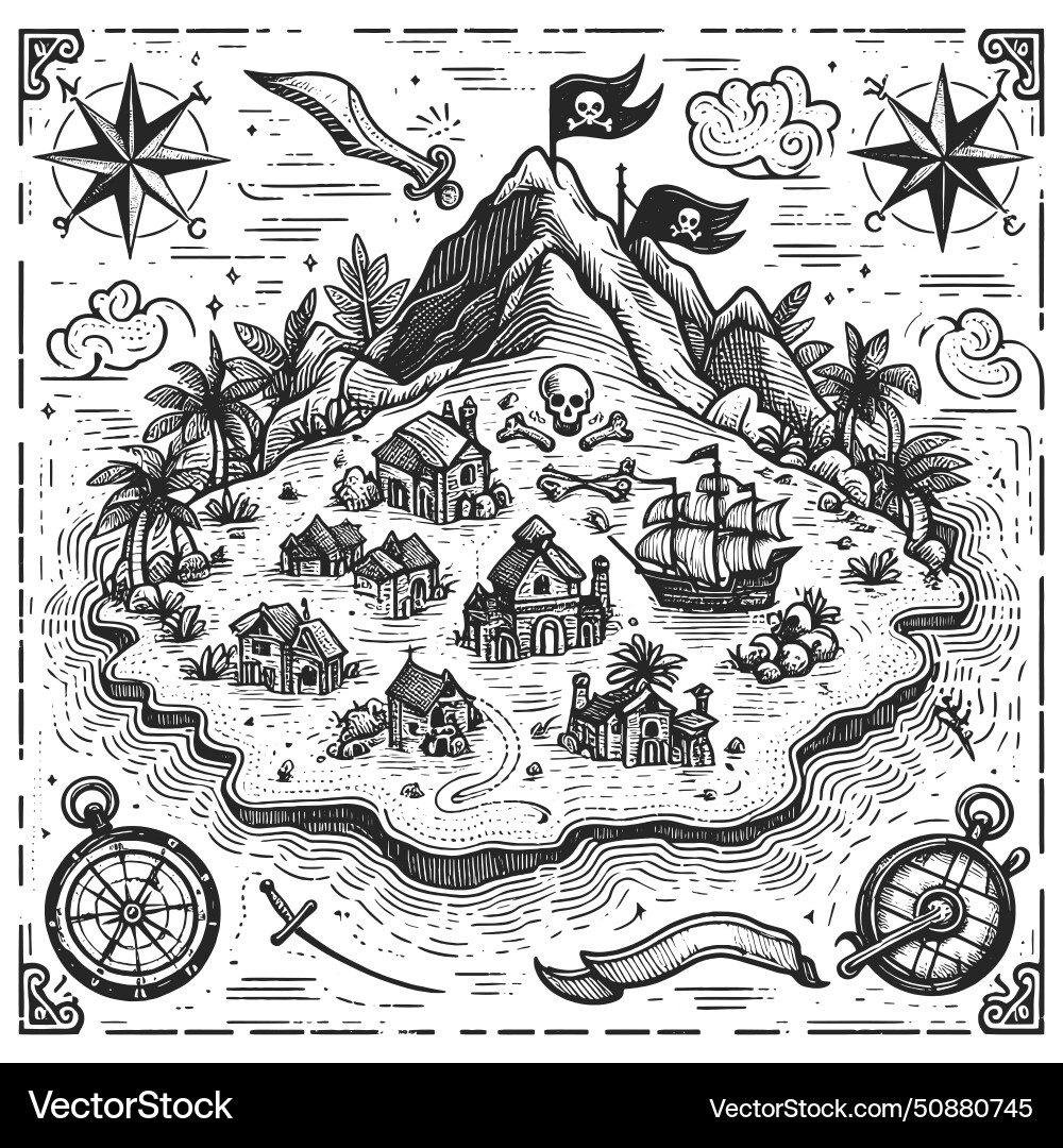 Pirate treasure map with sailing ships Royalty Free Vector