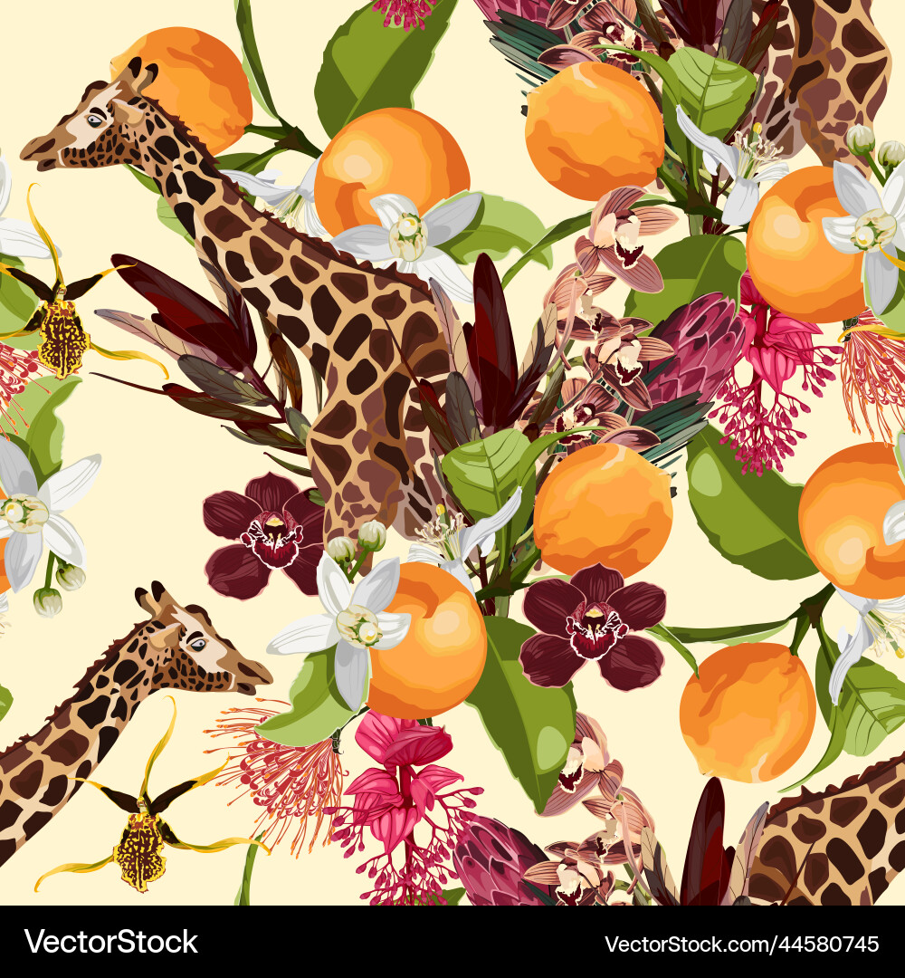 Tropical wild animals giraffe and fruits pattern Vector Image
