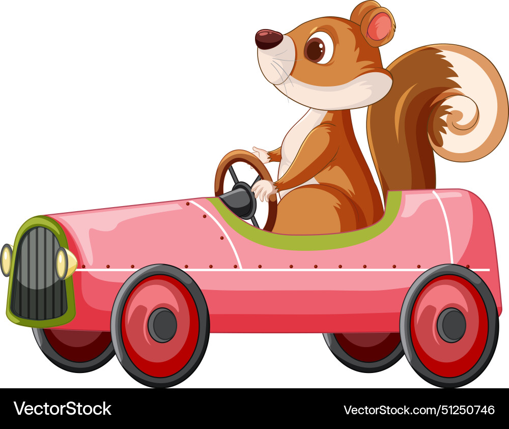 Cartoon squirrel in a pink toy car Royalty Free Vector Image