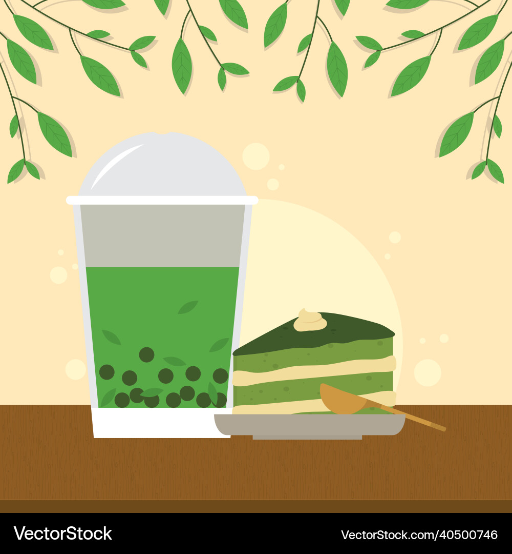 Matcha bubble tea and cake Royalty Free Vector Image