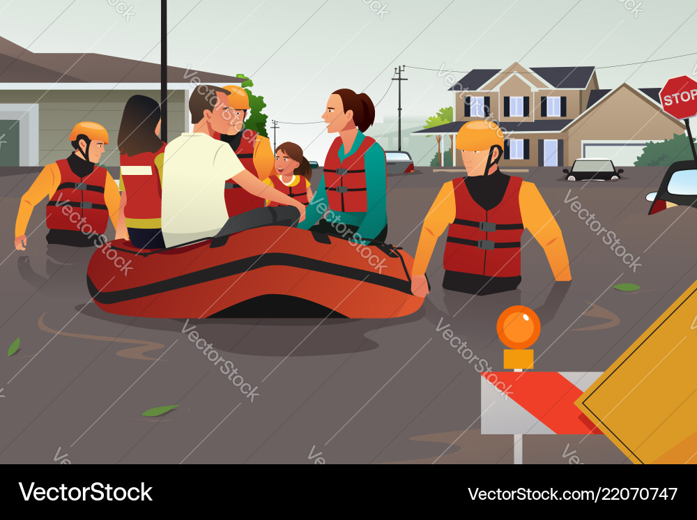 Rescue team helping people during flooding Vector Image
