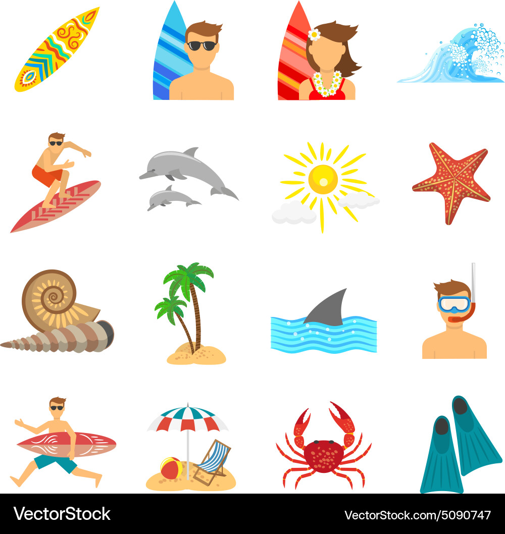 Surfing icons flat set Royalty Free Vector Image