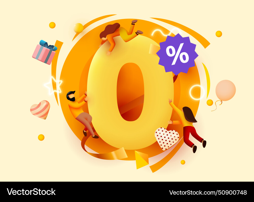3d zero number with flying people percent Vector Image