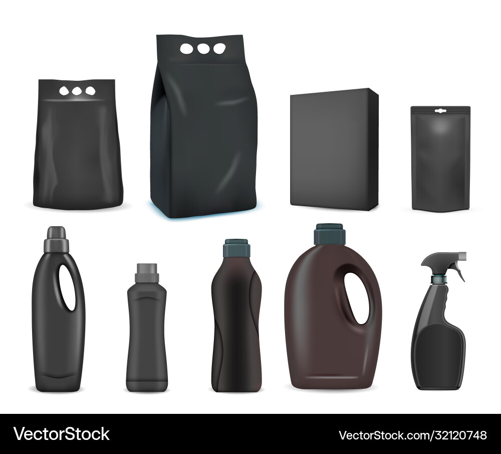 Black detergent pack mockup set isolated Vector Image