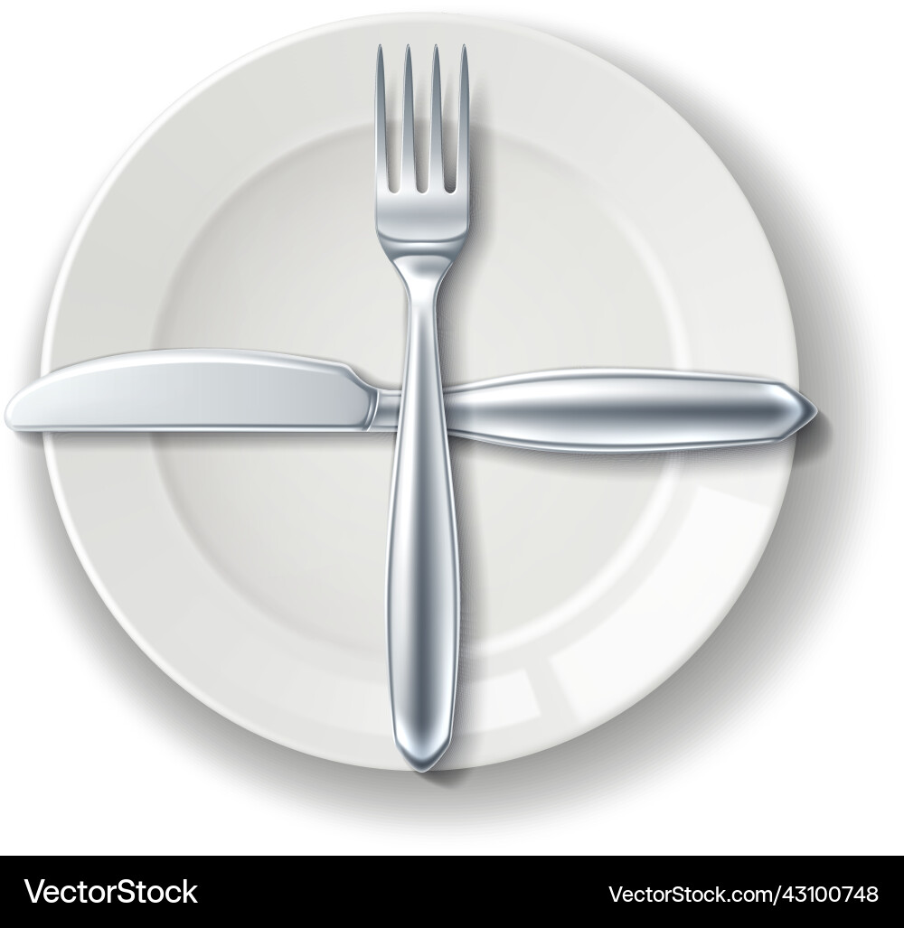 Crossed cutlery on white table next dish signal Vector Image