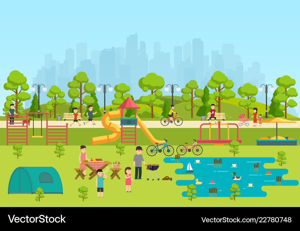 Public park with a playground and lake Royalty Free Vector