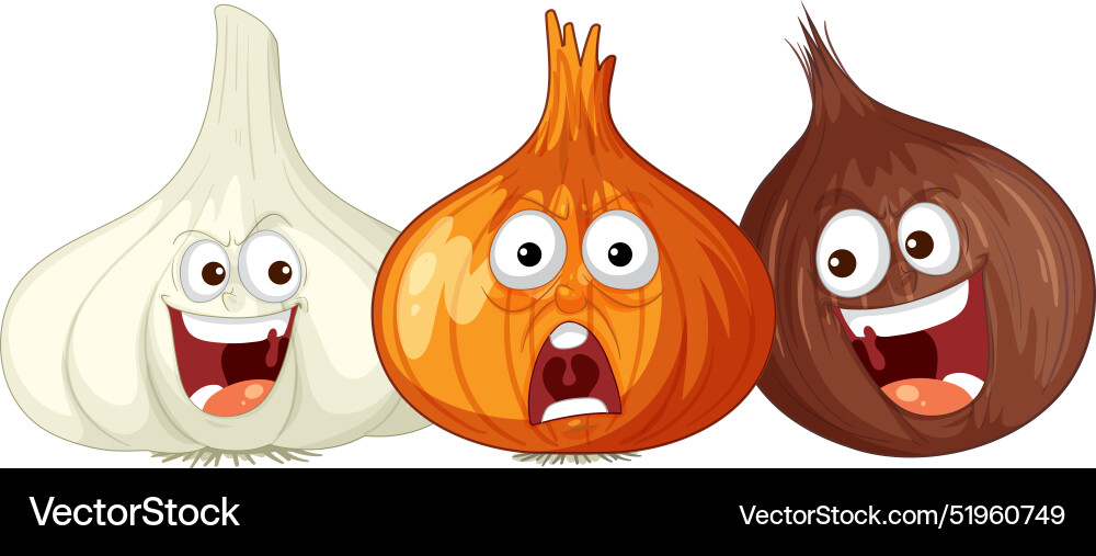 Three animated vegetables with expressive faces Vector Image