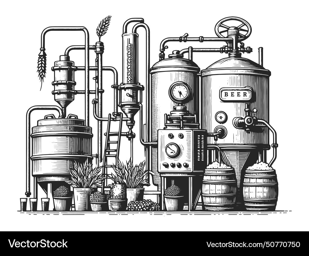 Beer brewing process factory sketch Royalty Free Vector