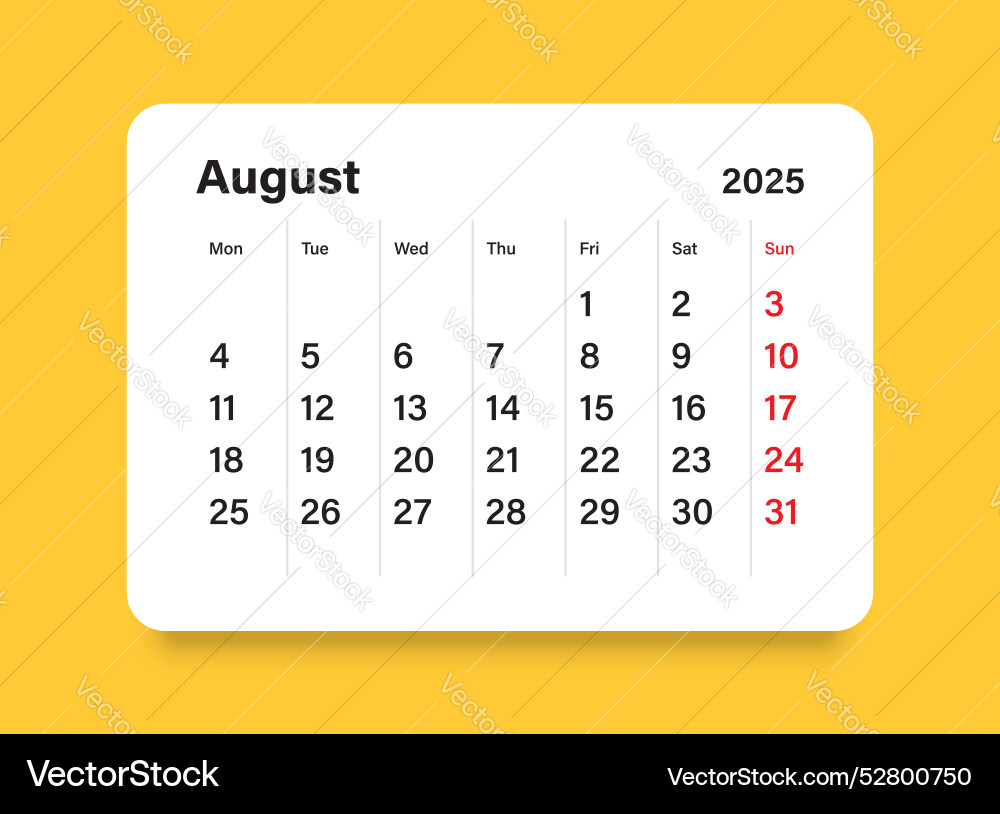 Calendar august 2025 icon in flat style planner Vector Image