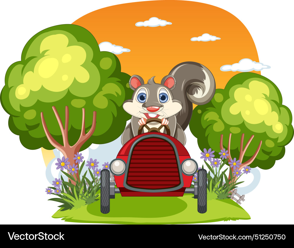 Cheerful squirrel driving a red car outdoors Vector Image