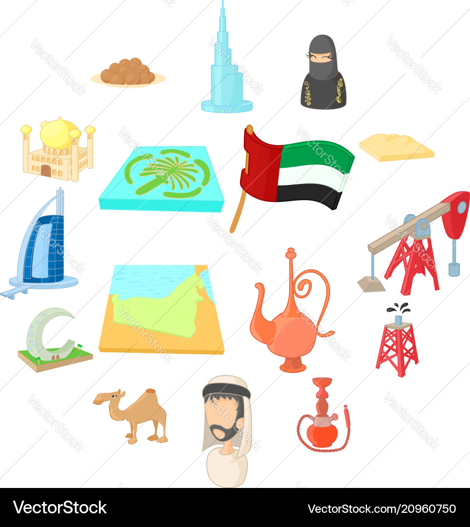 Uae icons set cartoon style Royalty Free Vector Image
