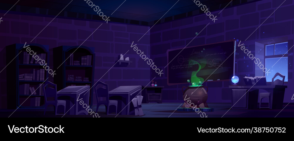 Magic school classroom with cauldron at night Vector Image