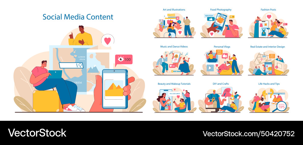 Social media content set diverse online Royalty Free Vector