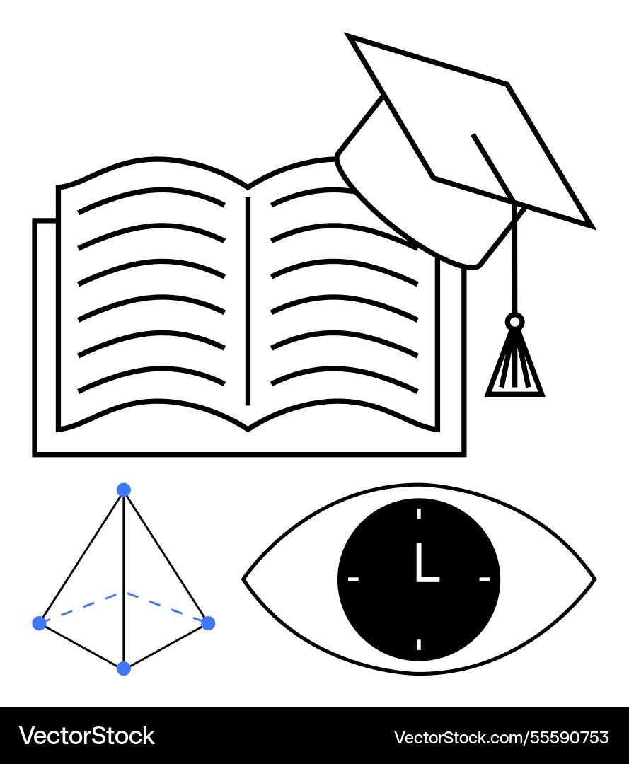 Open book with graduation cap time-focused eye Vector Image