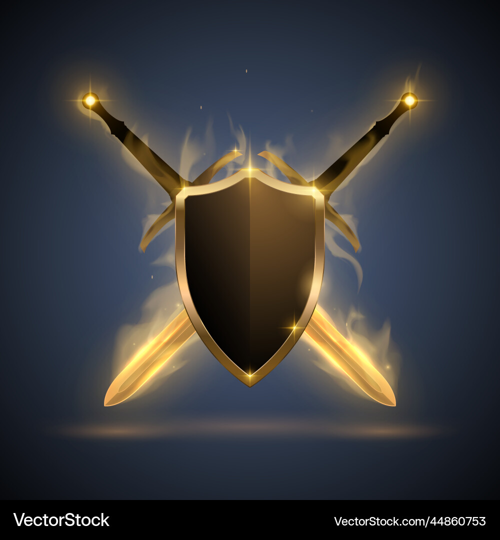Shield and two cross swords with gold light effect