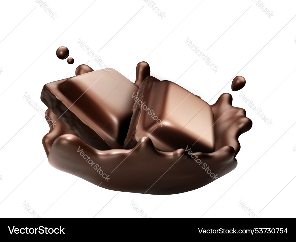 3d dark chocolate bar piece with splash swirl Vector Image
