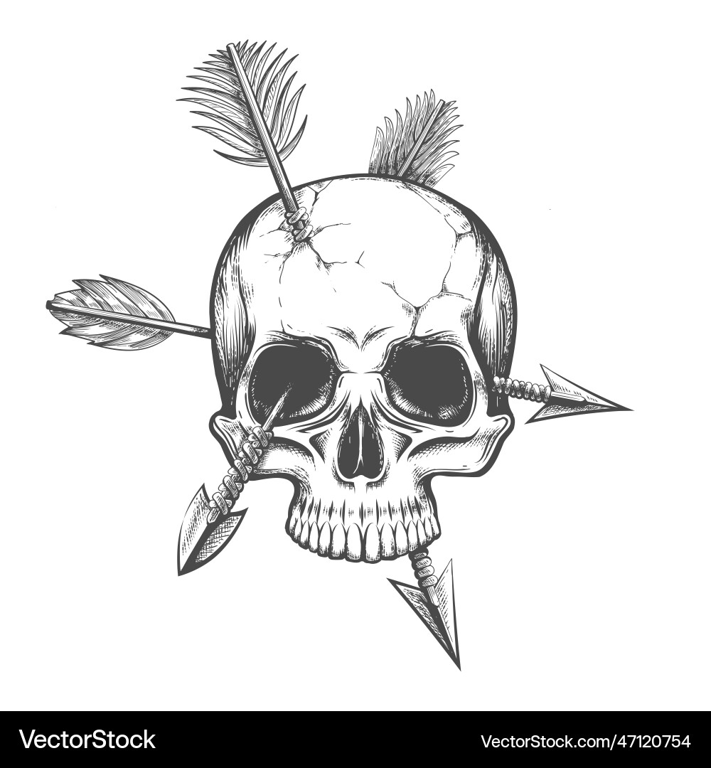 Skull pierced by three arrows engraving tattoo Vector Image