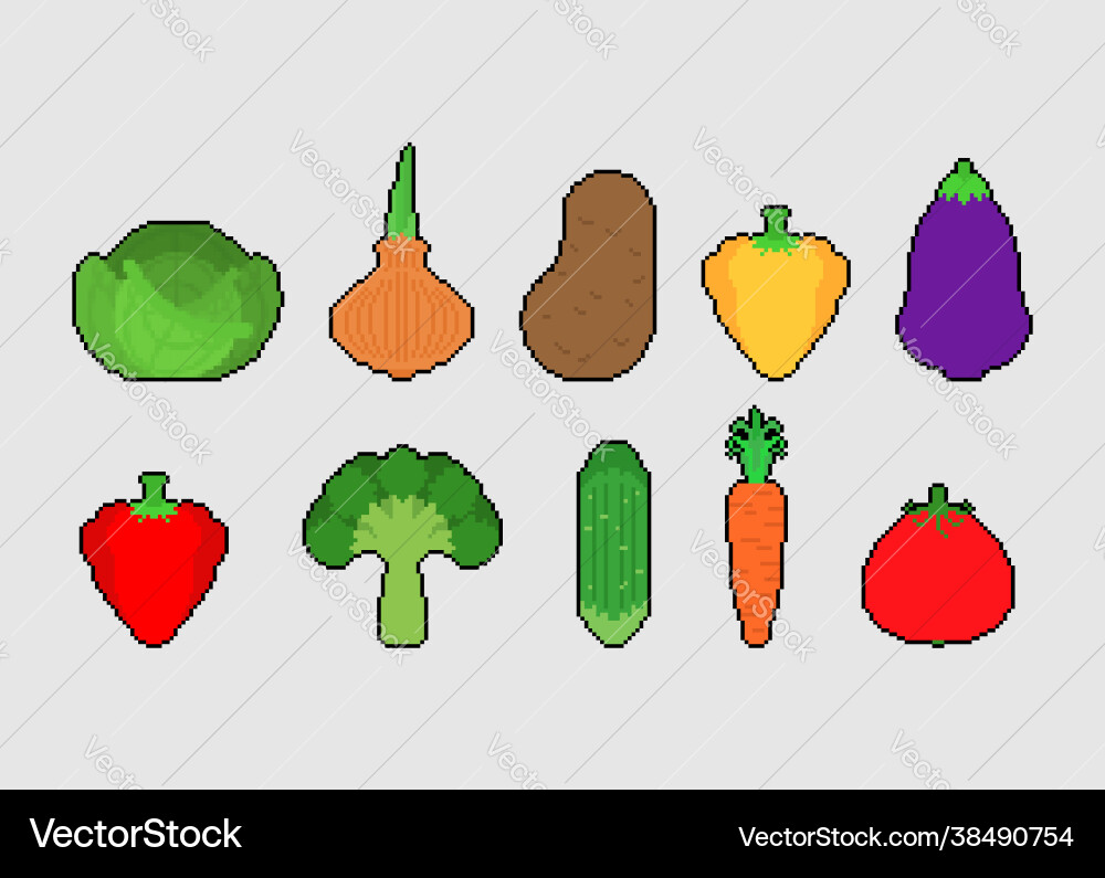 Vegetables pixel art set 8 bit vegetable pixelate Vector Image